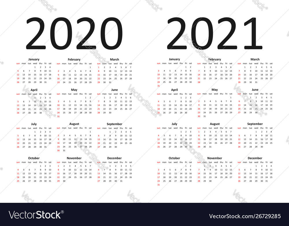 Calendar 2020 and 2021 years simple Royalty Free Vector
