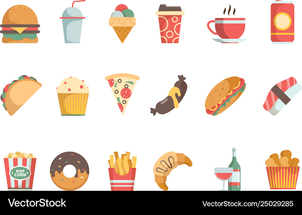Fast food flat icons sandwich burger cold drinks Vector Image