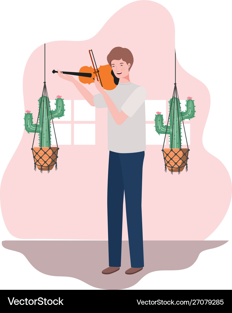 Young man with fiddle and houseplants on macrame Vector Image