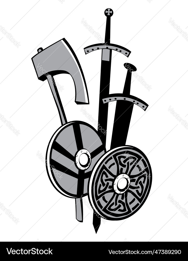 A collection of viking weapons shields axe Vector Image