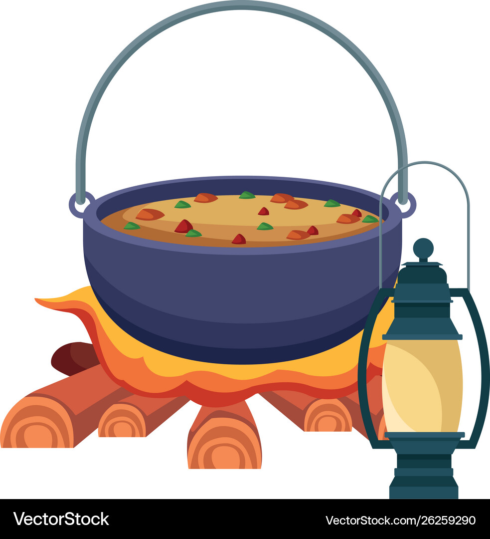 Camping cooking soup on bonfire with lantern Vector Image