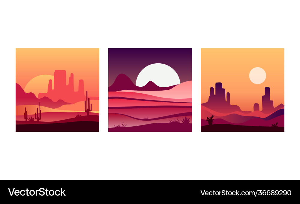 Desert landscape at sunrise and sunset set Vector Image