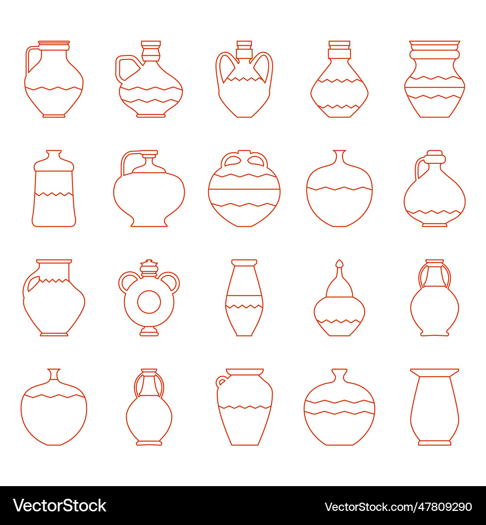Outline pots collection vase pottery Royalty Free Vector