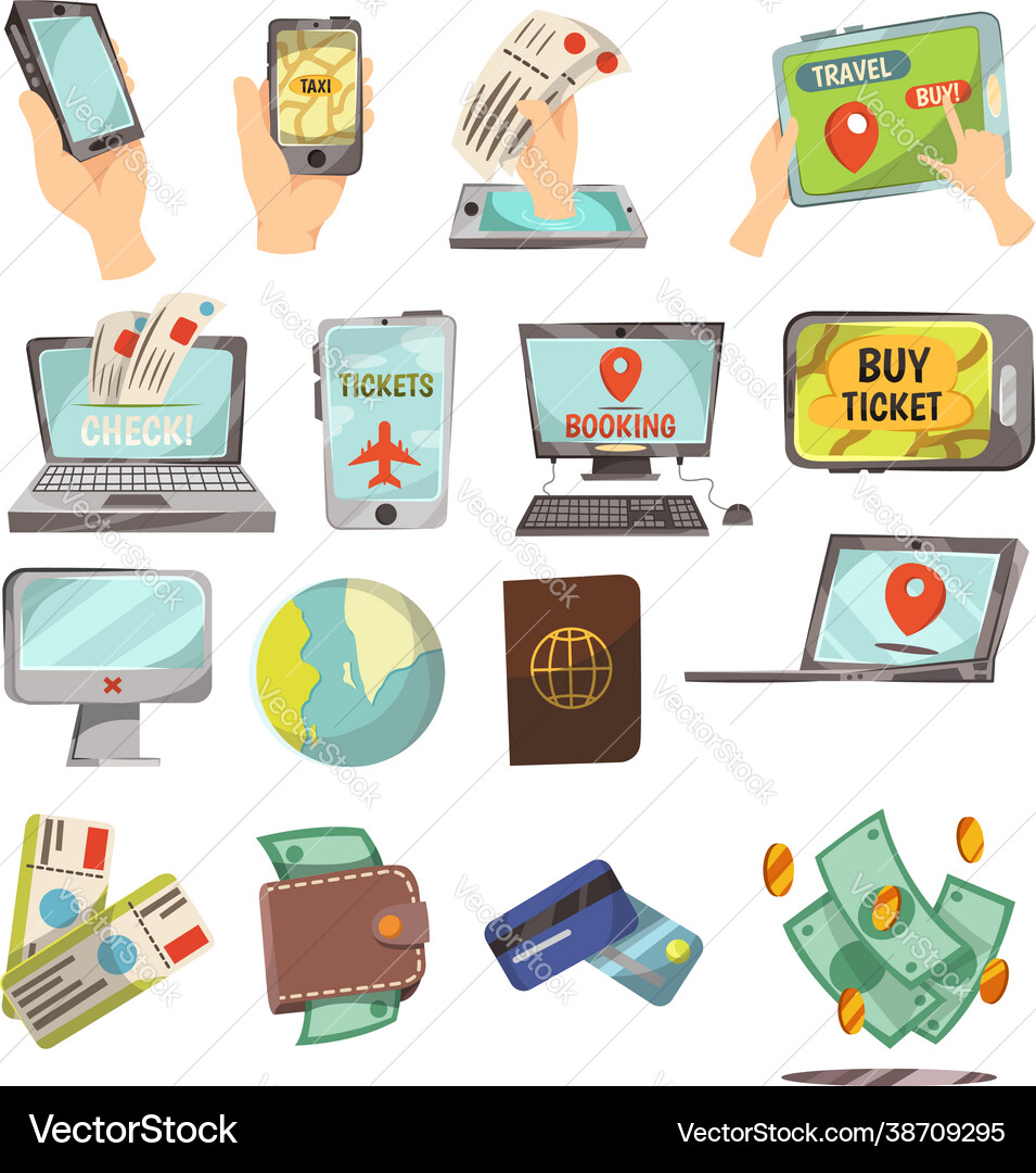 Online booking service icons set Royalty Free Vector Image