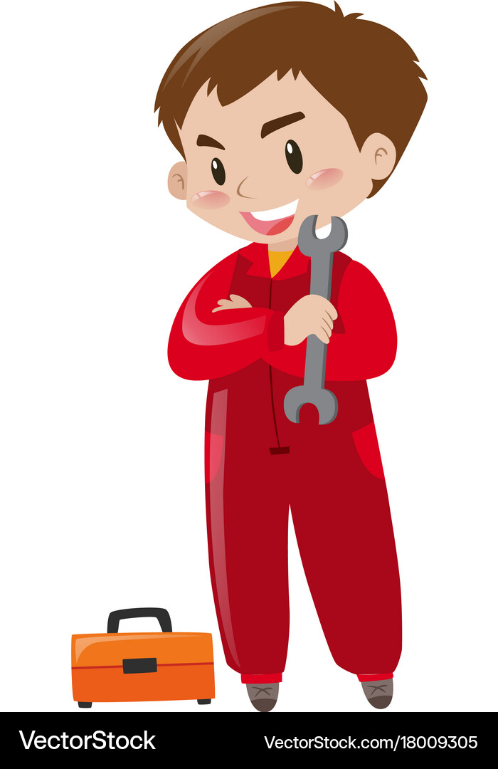 Repairman in red suit with tools Royalty Free Vector Image