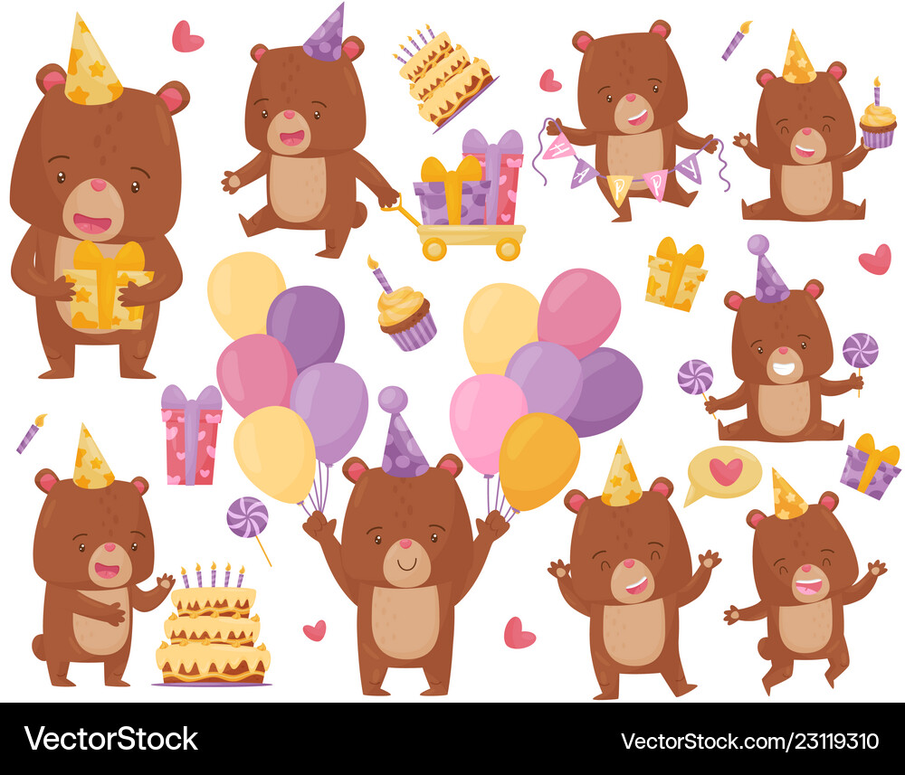 Flat set of happy brown bear in different Vector Image