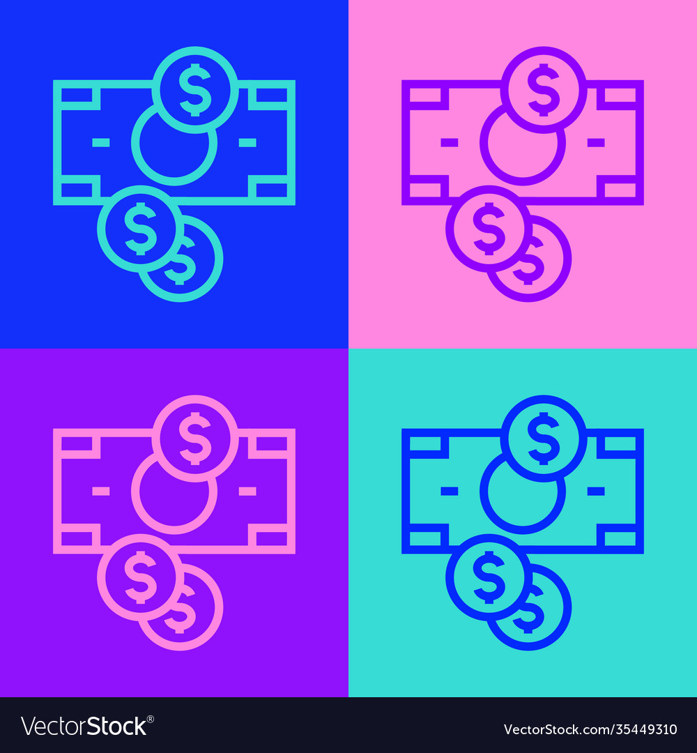 Pop art line stacks paper money cash and coin Vector Image