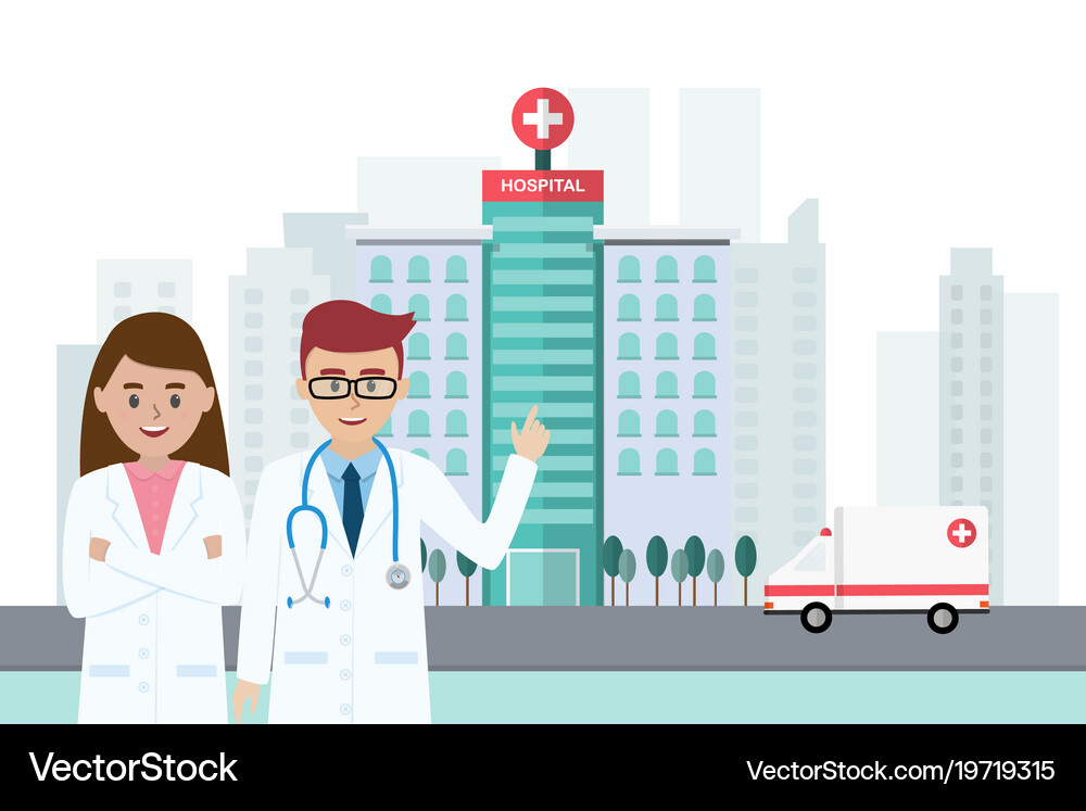 Doctors stand in front hospital building Vector Image