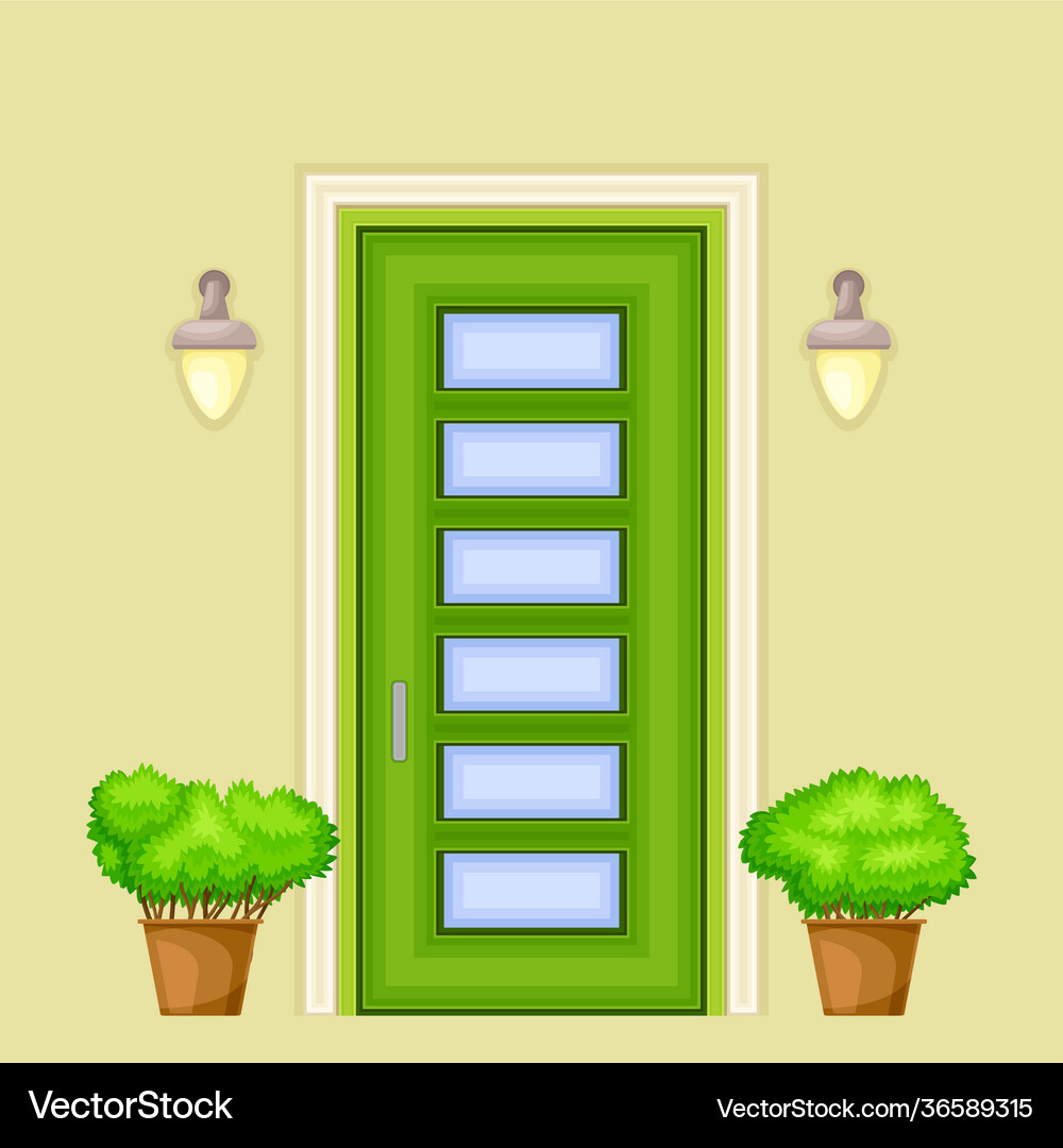 Green single door facade decorated with Royalty Free Vector