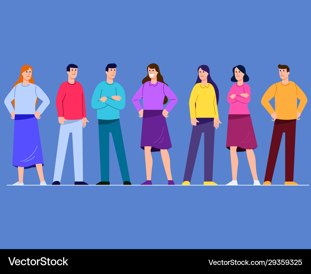 Woman smiling between people crowd flat character Vector Image