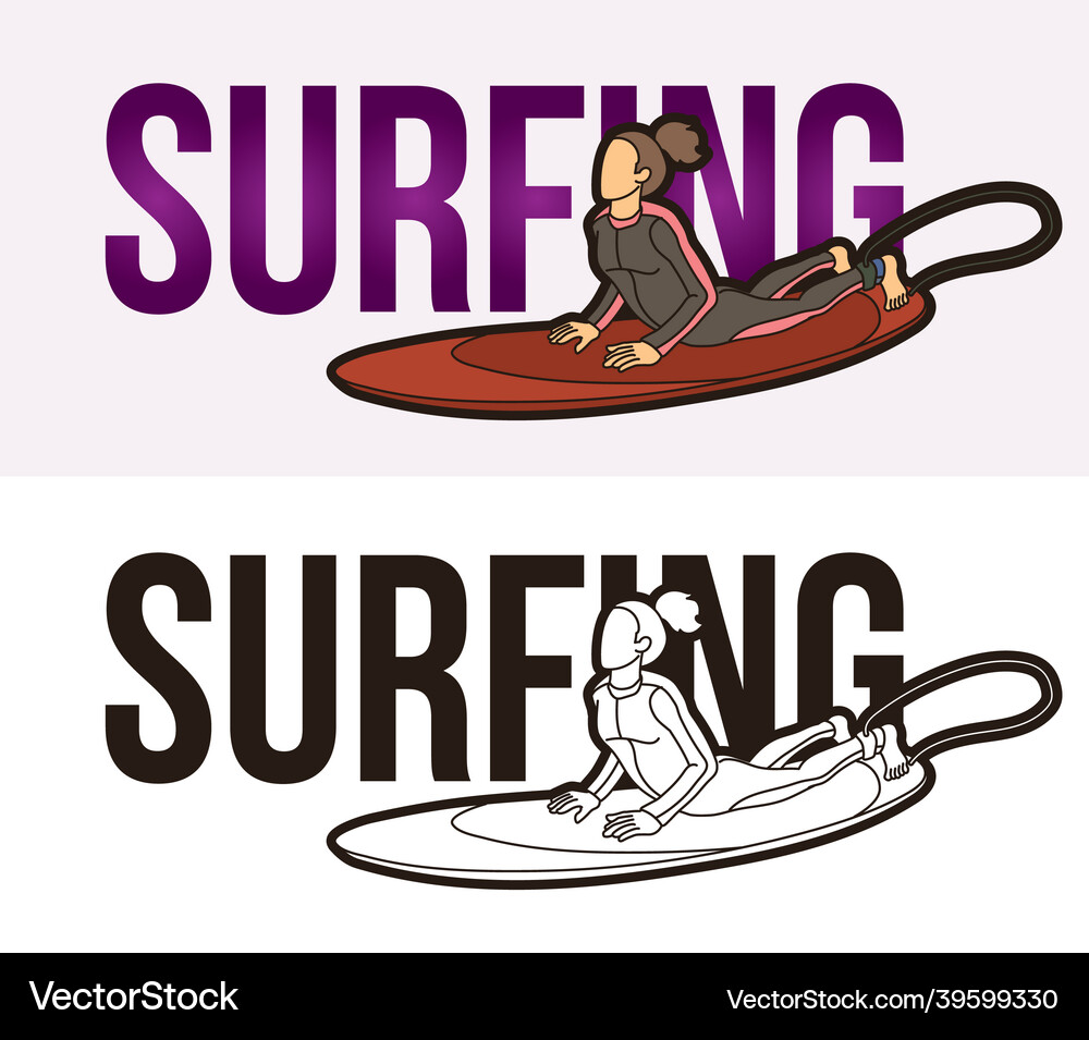 Surfing text with sport player graphic Royalty Free Vector