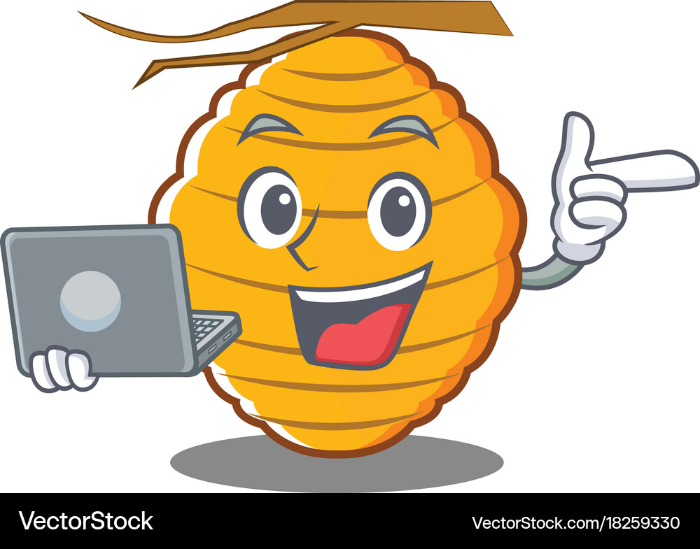 With laptop bee hive character cartoon Royalty Free Vector
