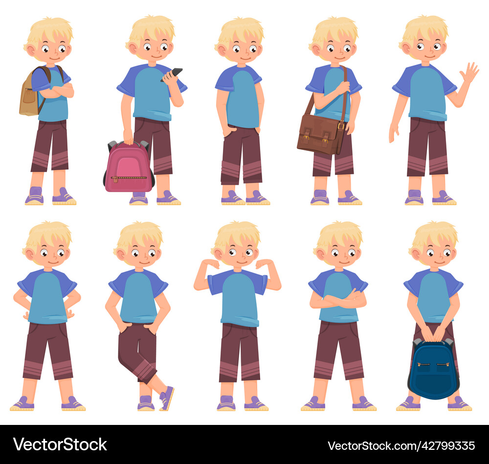 Boy in different poses schoolboy with bag Vector Image