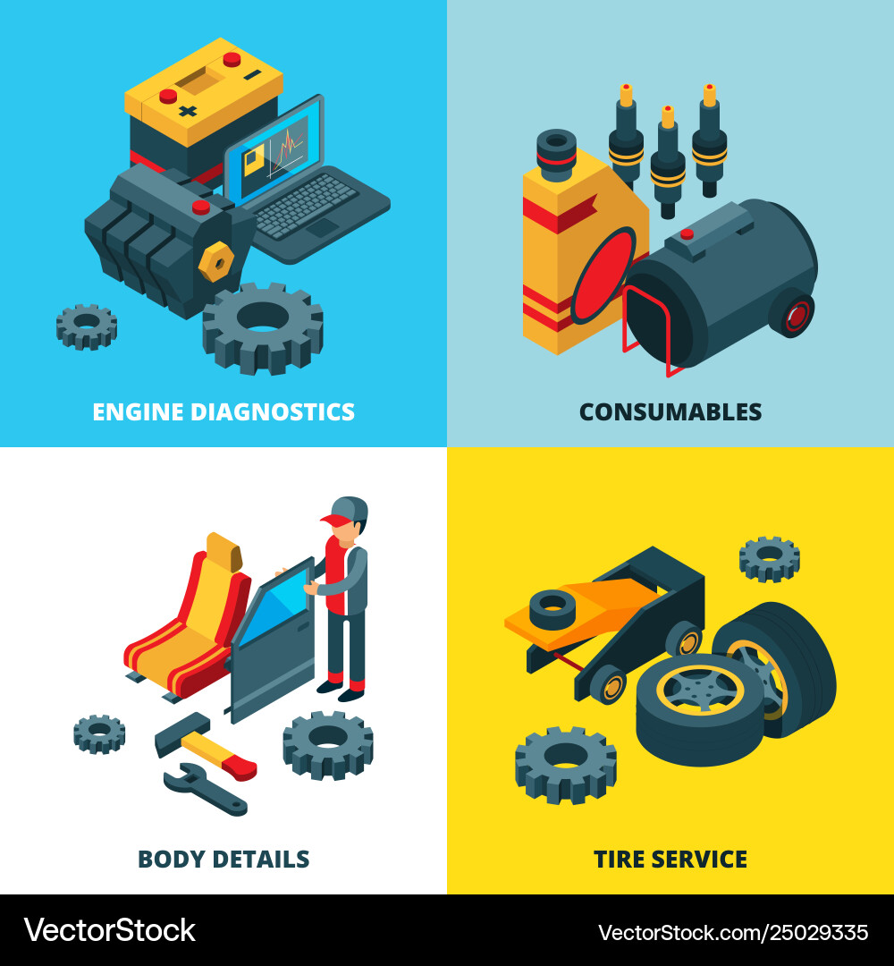 Car parts collection engine automobile wheels Vector Image