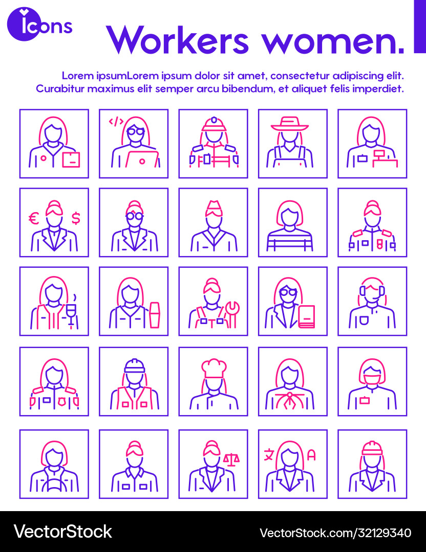 Color linear icon set workers women Royalty Free Vector