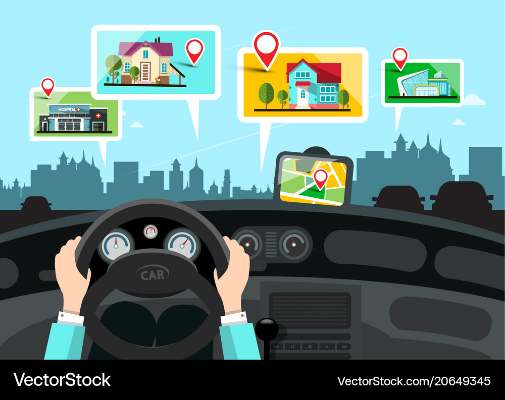 Car navigation with city public buildings map Vector Image