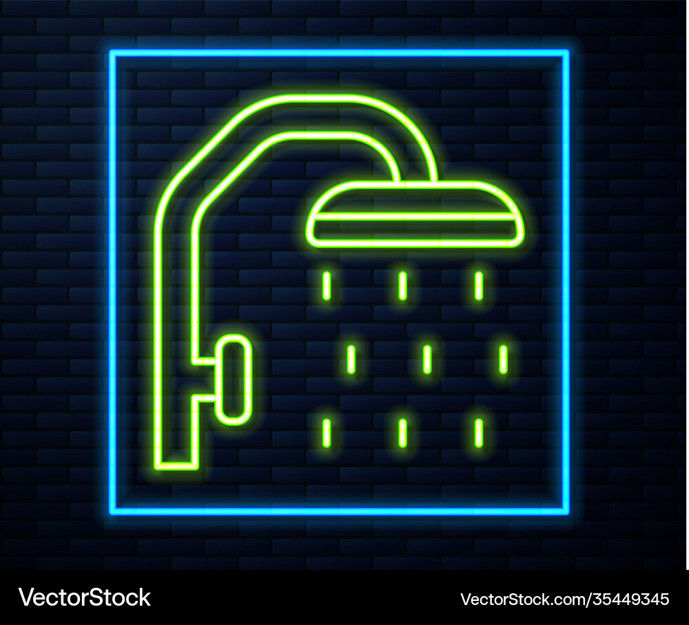 Glowing neon line shower head with water drops Vector Image