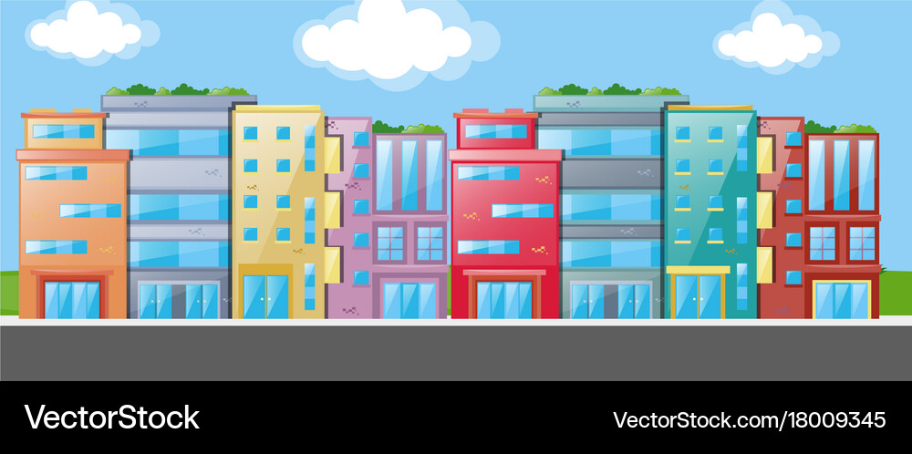 Many buildings along the road Royalty Free Vector Image