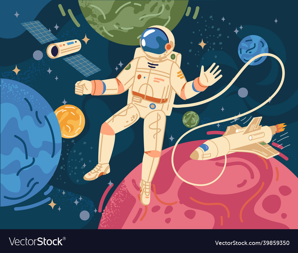 Astronaut in outer space color planets background Vector Image