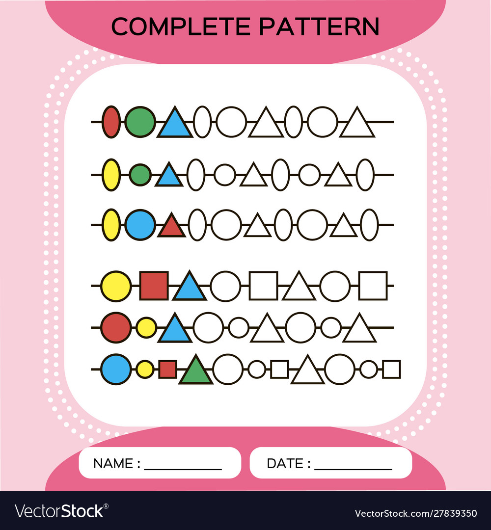 Complete repeating patterns worksheet for Vector Image