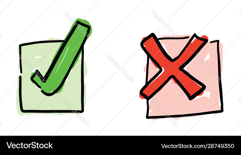 Hand drawn sketch check mark and x mark Royalty Free Vector