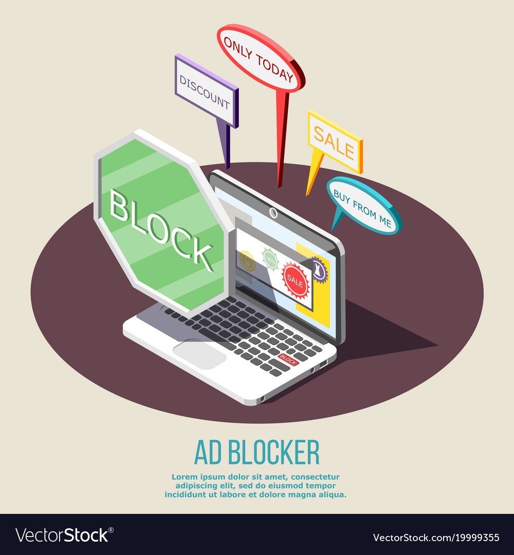 Ad blocking isometric composition Royalty Free Vector Image