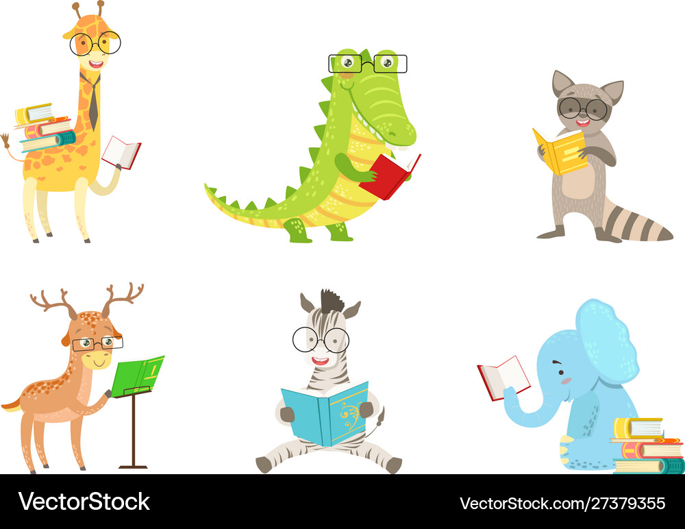Cartoon humanized animals read books Royalty Free Vector