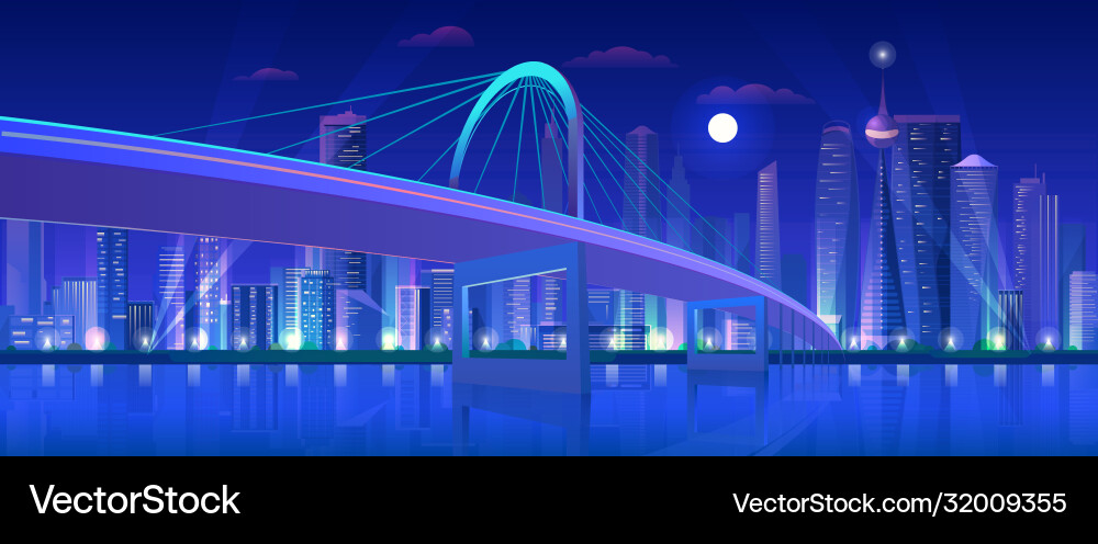 City bridge at night cartoon Royalty Free Vector Image
