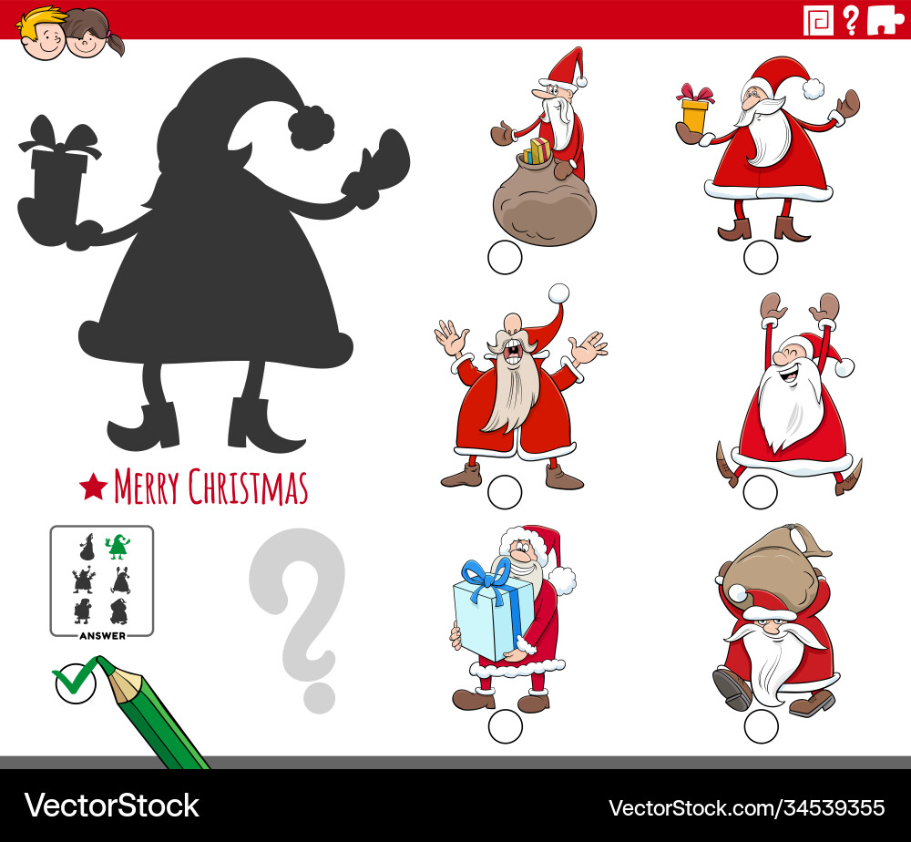 Shadows task with cartoon santa claus characters Vector Image