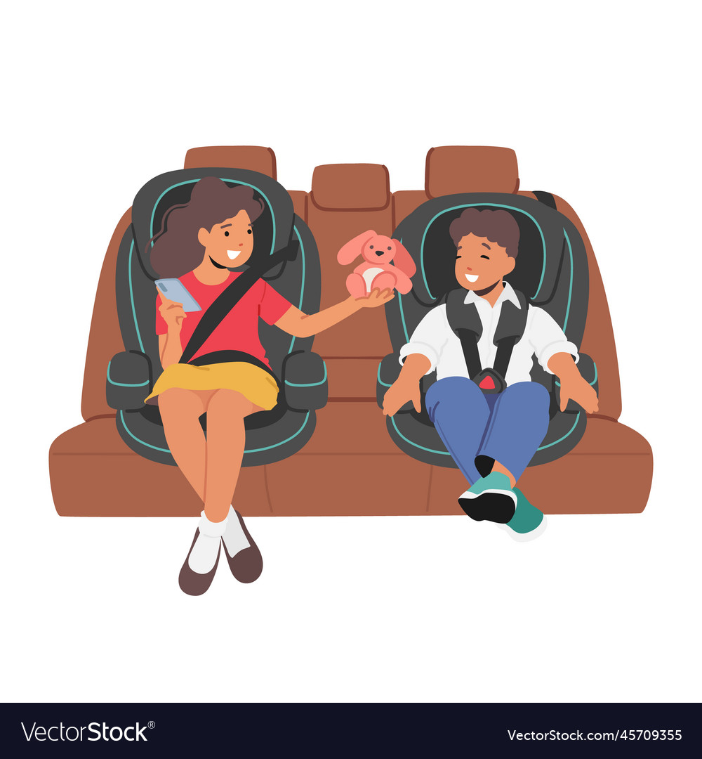 Smiling kids of different ages sit in car backseat