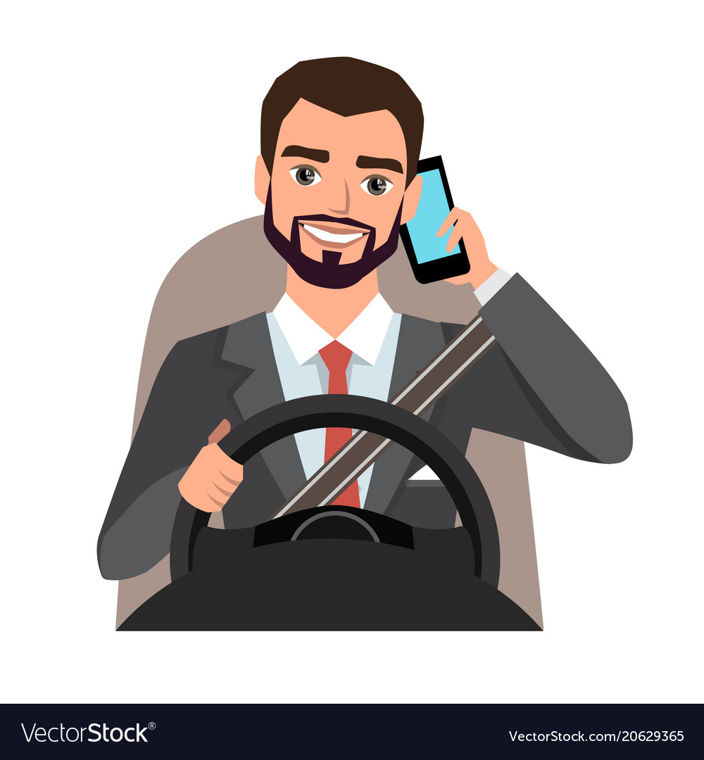 Businessman driving a car talking on phone Vector Image