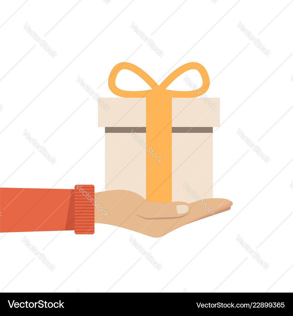 Hand holding or offering gift with orange bow Vector Image