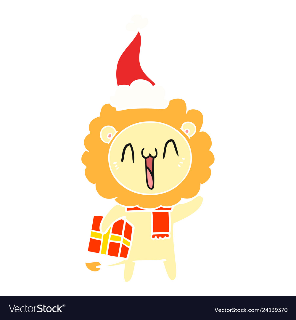 Happy flat color of a lion wearing santa hat Vector Image