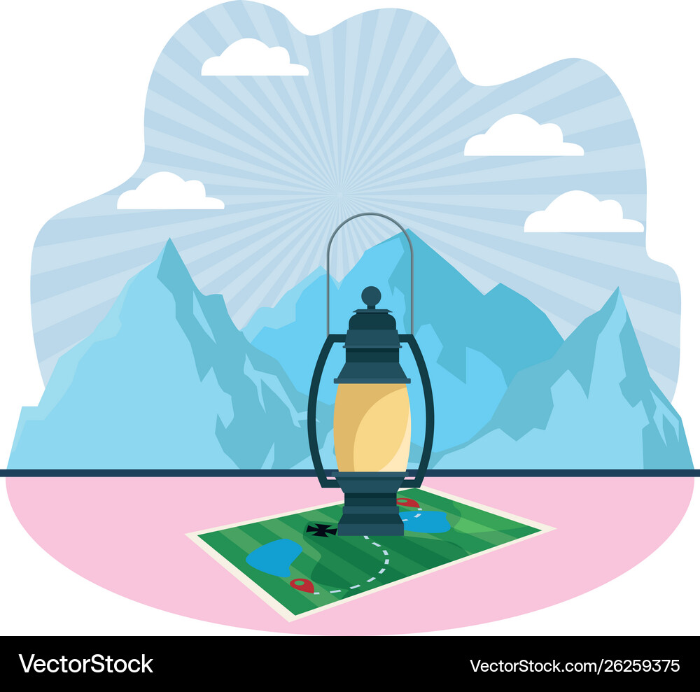 Camping lantern on adventure map Royalty Free Vector Image