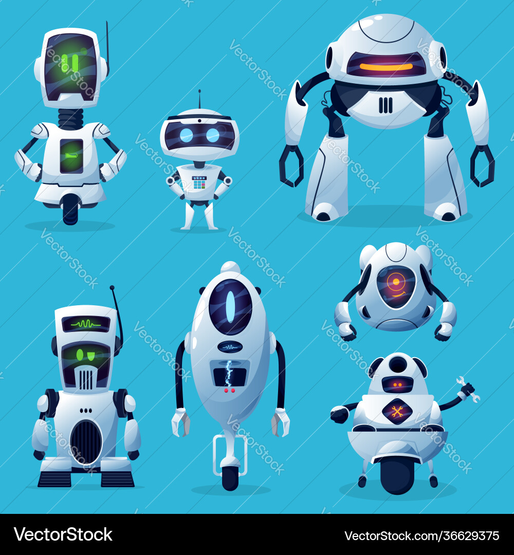 Cartoon robots icons cute cyborg characters Vector Image