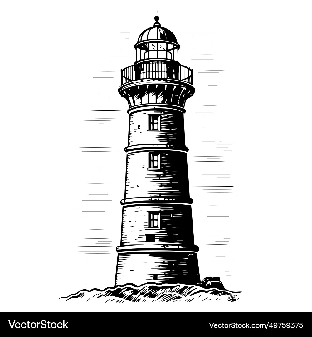 Lighthouse retro on the seaside sketch hand drawn Vector Image