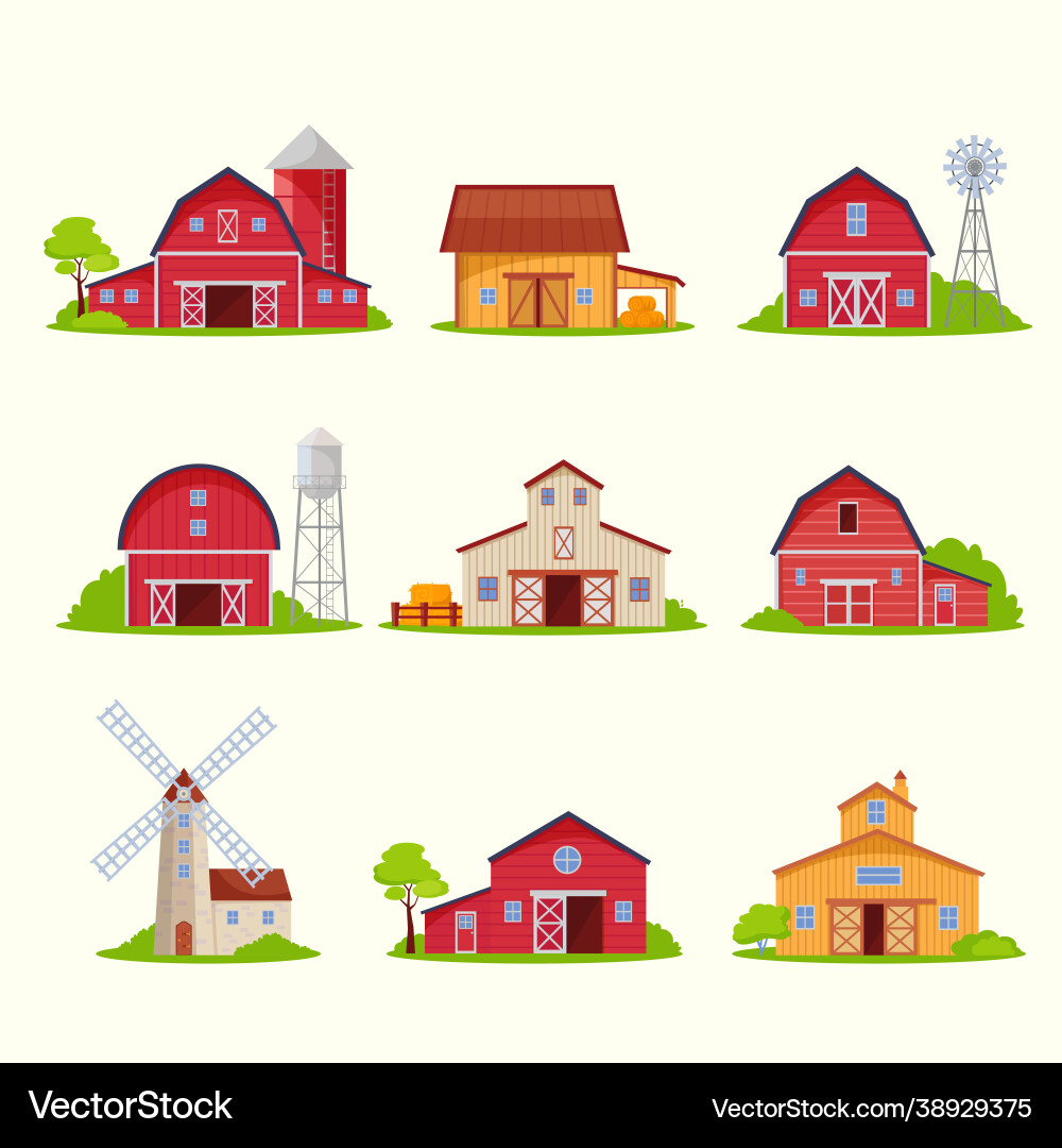 Retro rustic houses and barns set windmills Vector Image