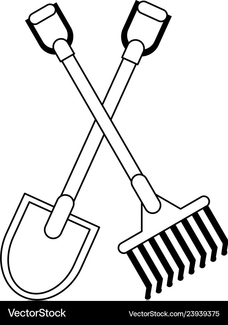 Shovel and rake harvest tools black white Vector Image