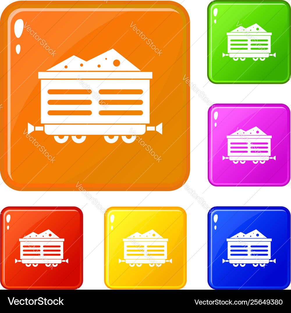Train waggon with coal icons set color Royalty Free Vector