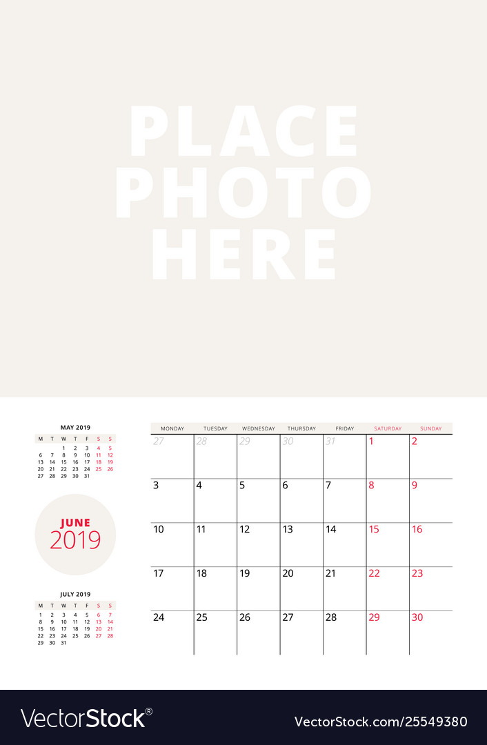 Wall calendar planner template for june 2019 week Vector Image