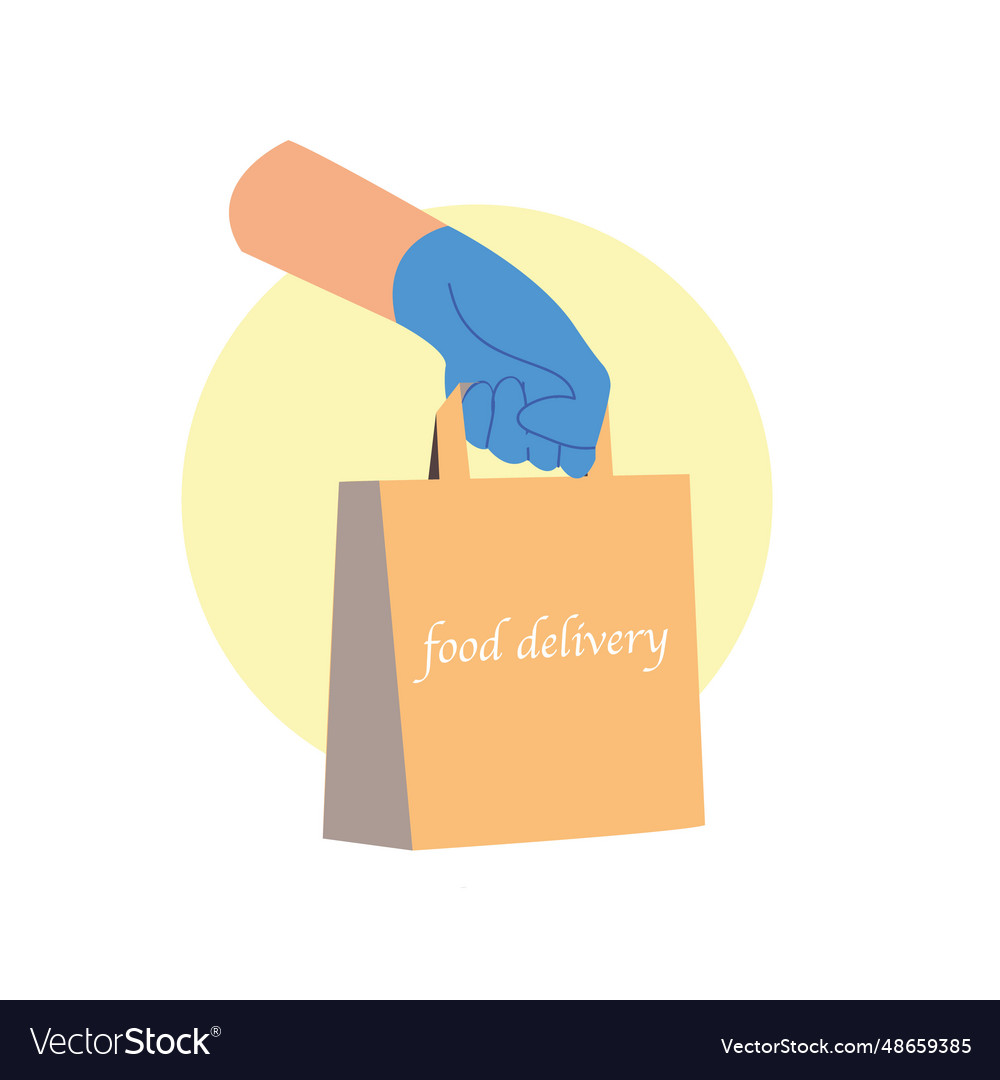 Couriers wear blue protective glove with paper bag Couriers wear blue protective glove with paper bag