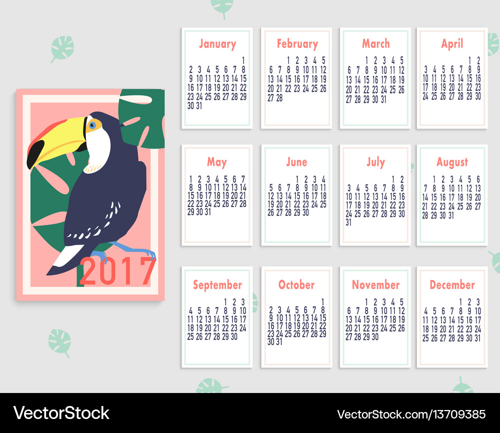Tropical printable calendar 2017 with toucan Vector Image