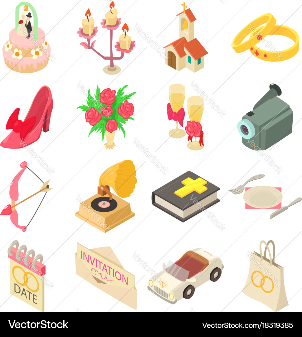 Wedding icons set isometric style Royalty Free Vector Image