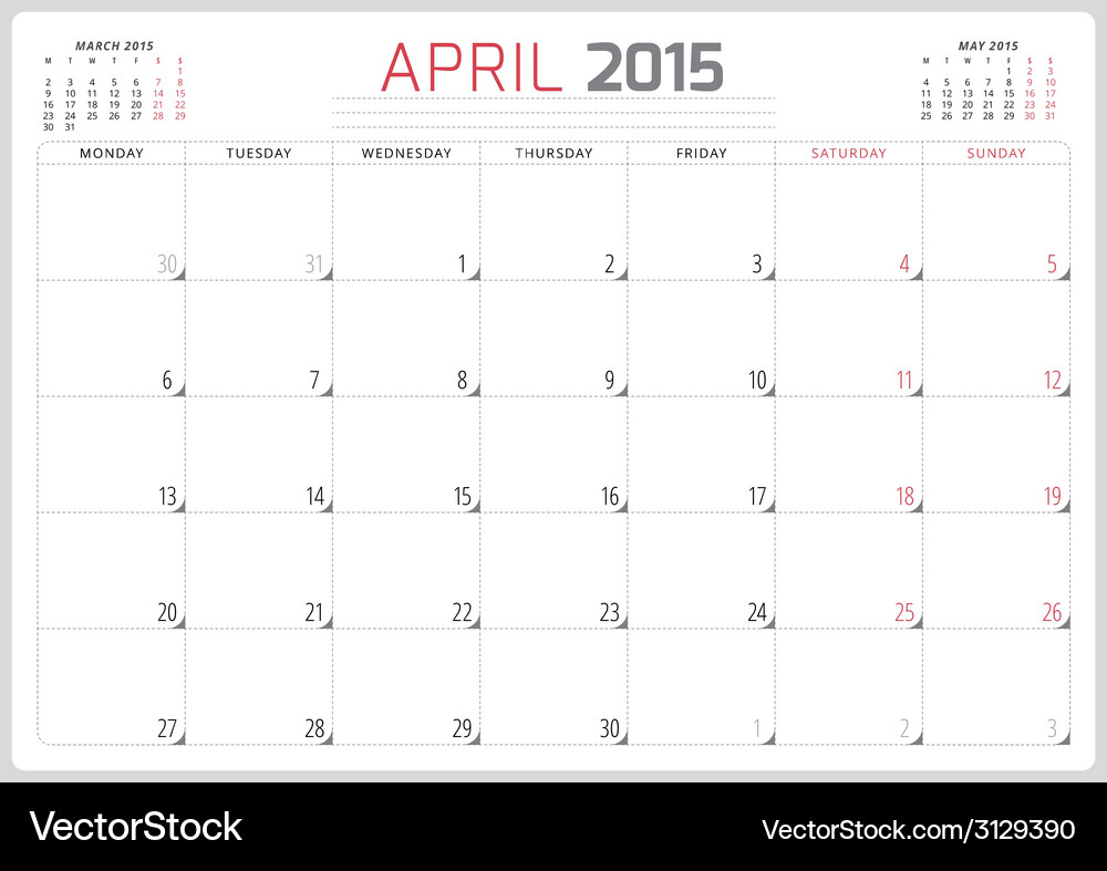 Calendar planner 2015 template week starts monday Vector Image