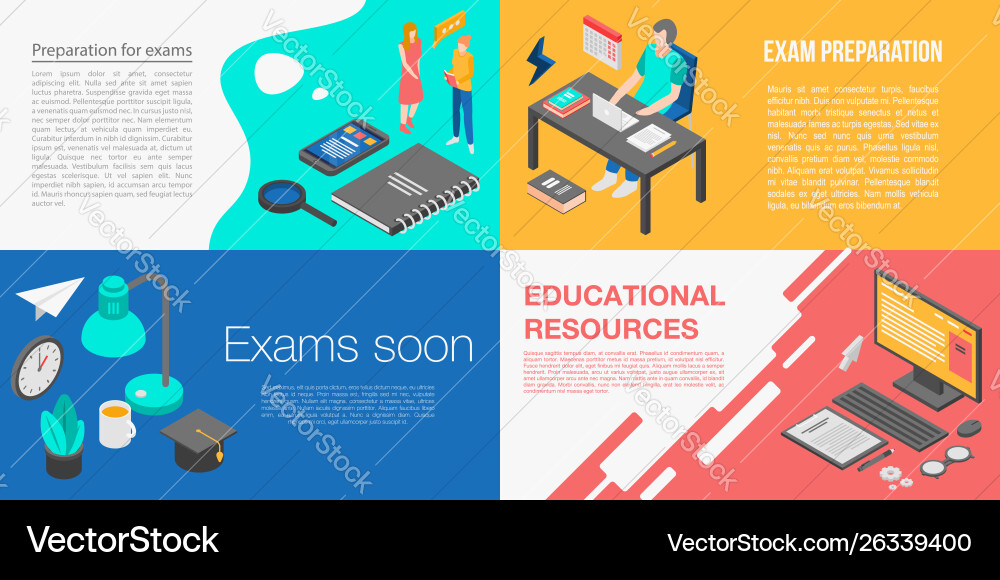 Preparation for exams banner set isometric style Vector Image