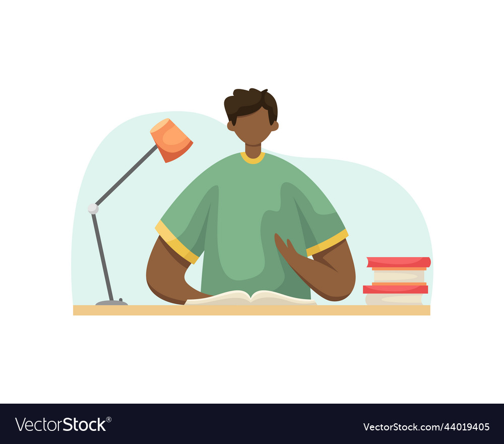 A student doing homework at table with books Vector Image