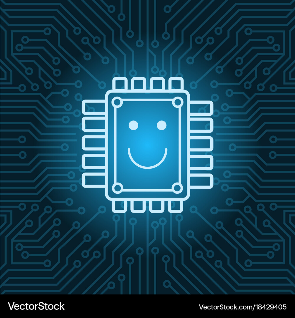Chip with smiling face icon over blue circuit Vector Image