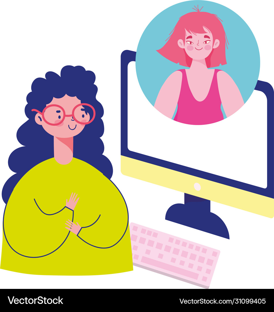 Meeting online girls talking computer device Vector Image