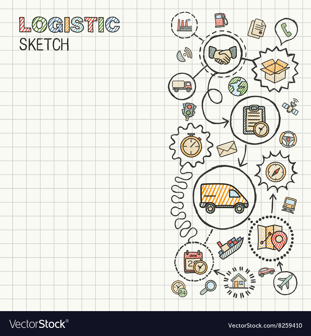 Logistic hand draw integrated icons set on paper Vector Image Logistic hand draw integrated icons set on paper Vector Image