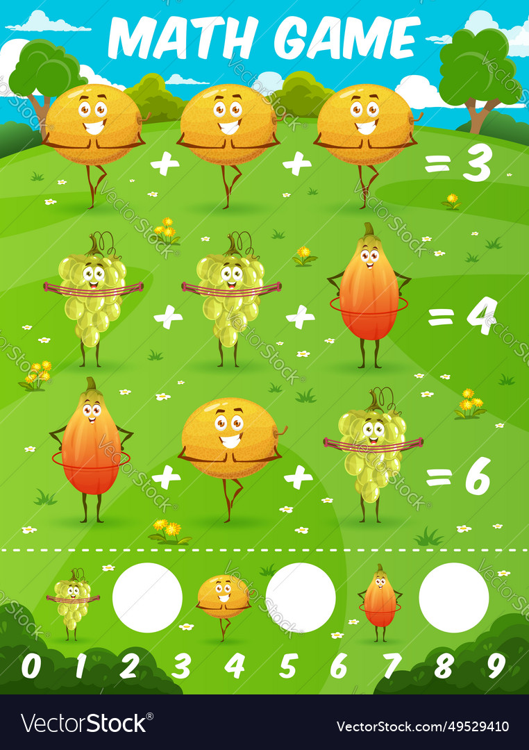 Math game worksheet with cartoon fruits characters